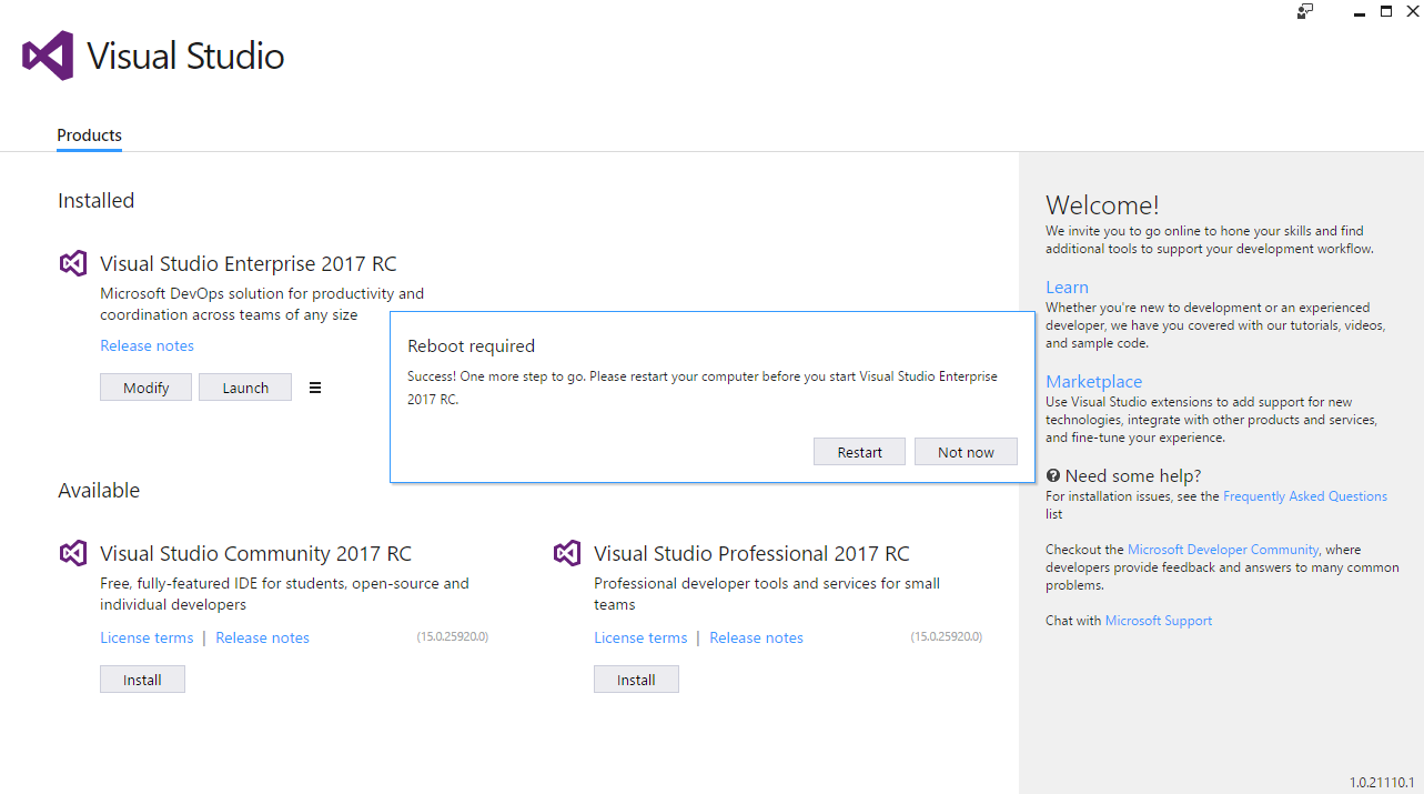 New Installation Experience with Visual Studio 2017 RC – samirbehara